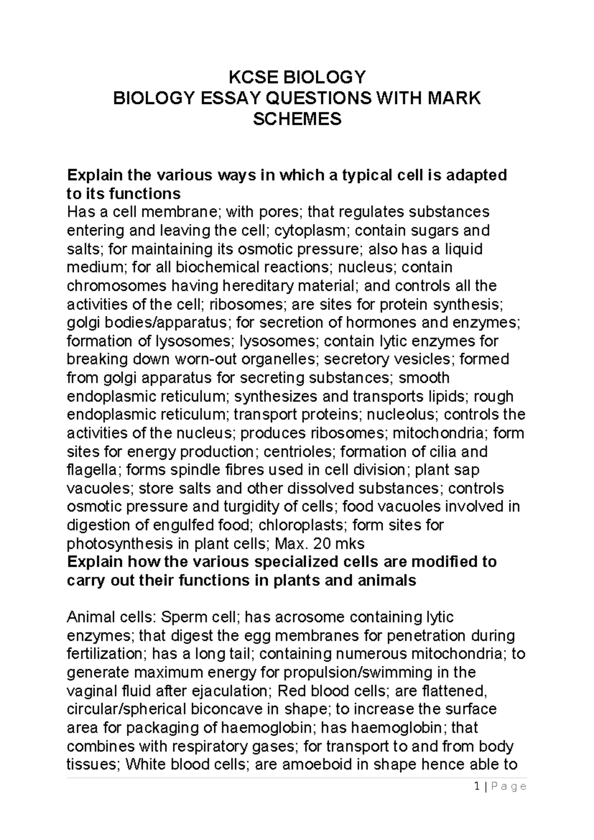 KCSE BIOLOGY ESSAY QUESTIONS & ANSWERS: CELL ADAPTATIONS & FUNCTIONS ...