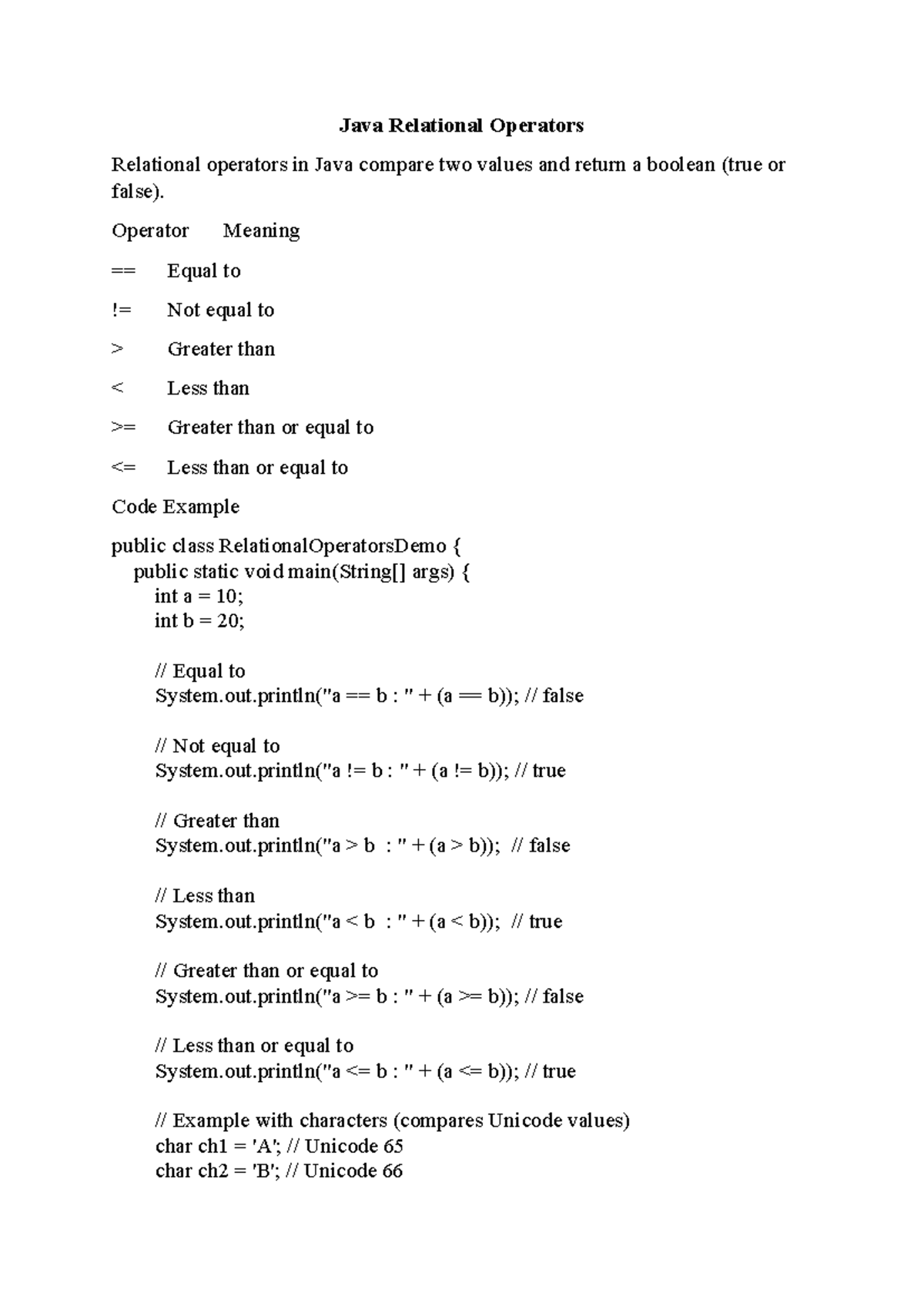 Java Operators Overview with Examples: Relational, Arithmetic, Logical, and - Studocu