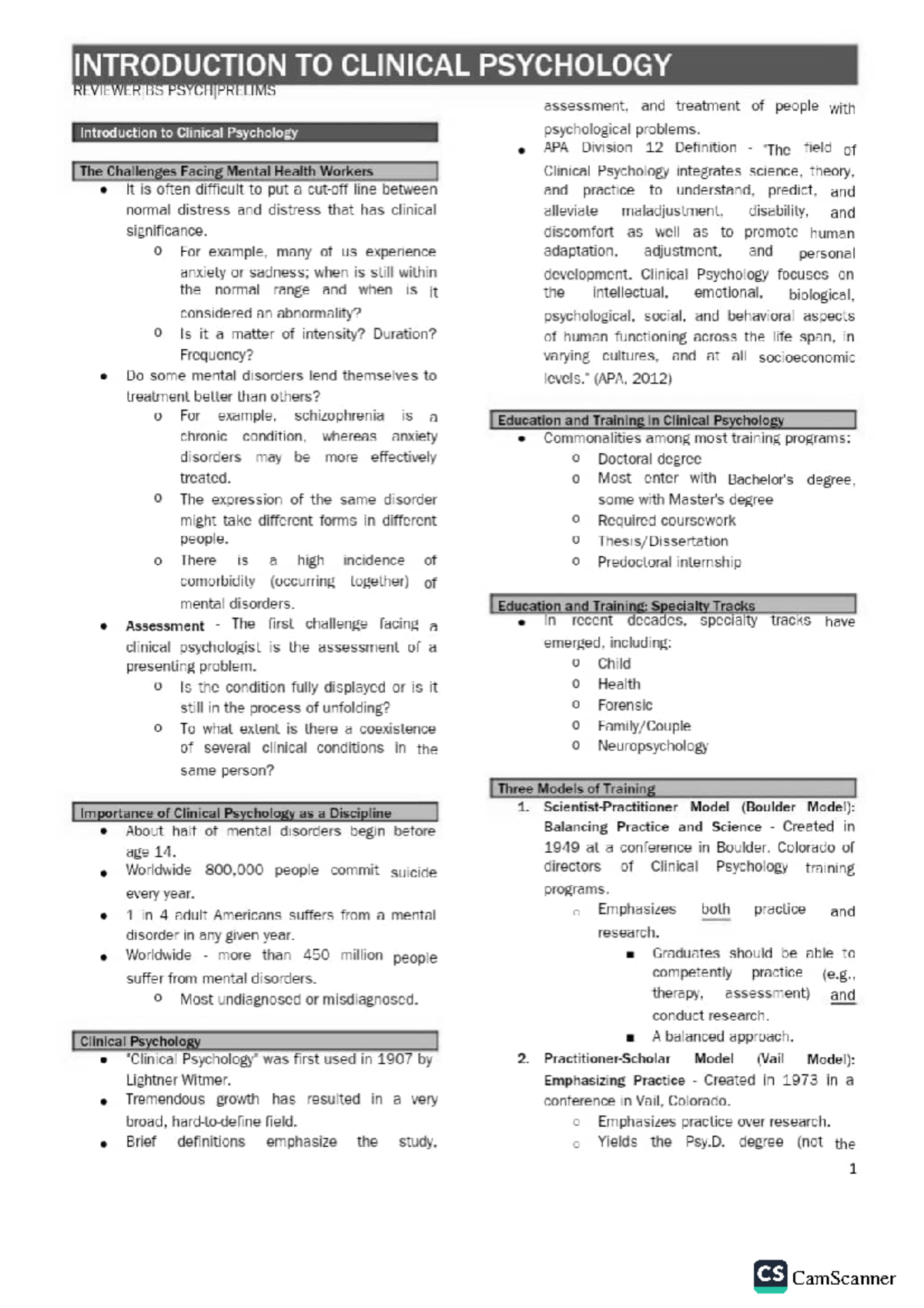 Clinical Psych Prelim Reviewer - INTRODUCTION TO CLINICAL PSYCHOLOGY ...