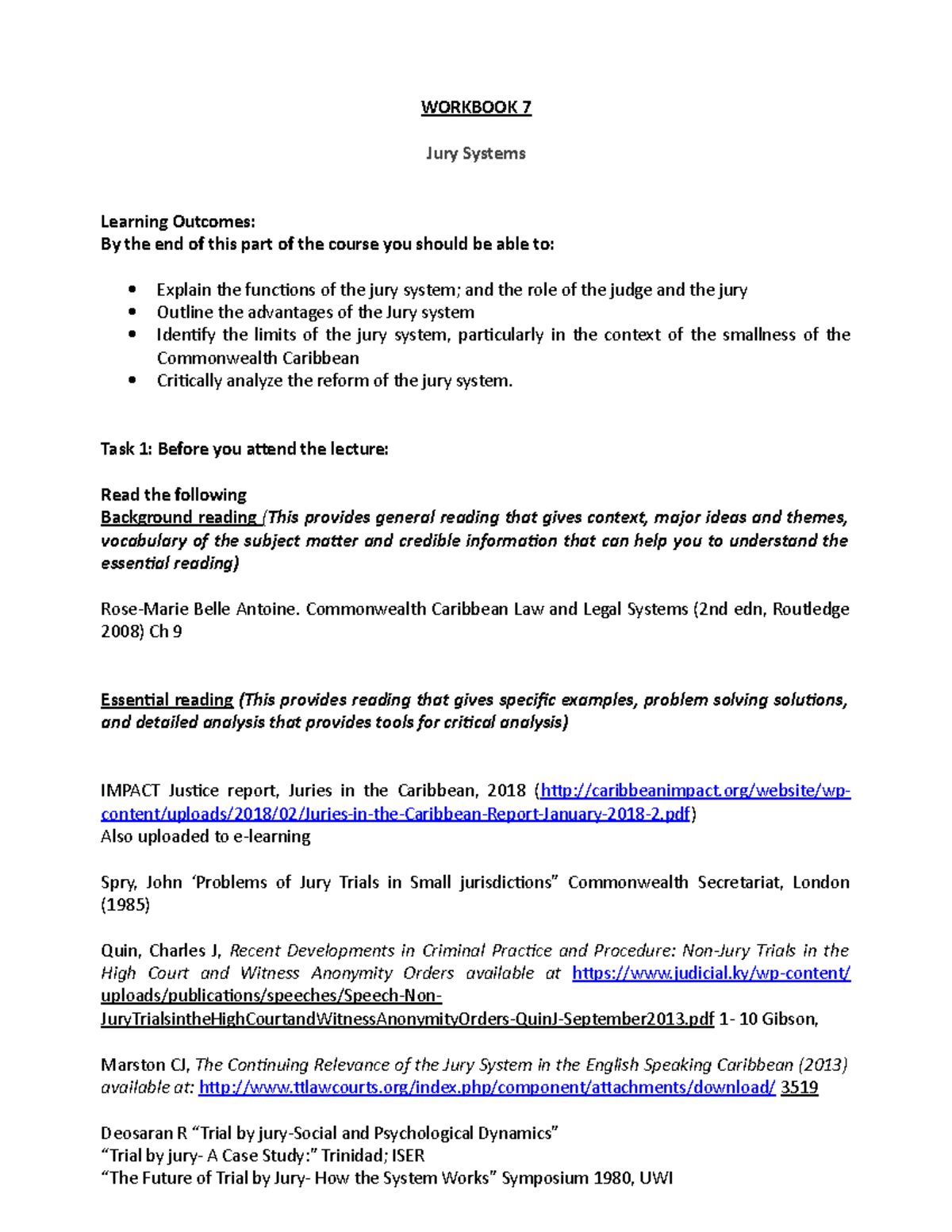 Workbook 7 Jury - law - WORKBOOK 7 Jury Systems Learning Outcomes: By ...