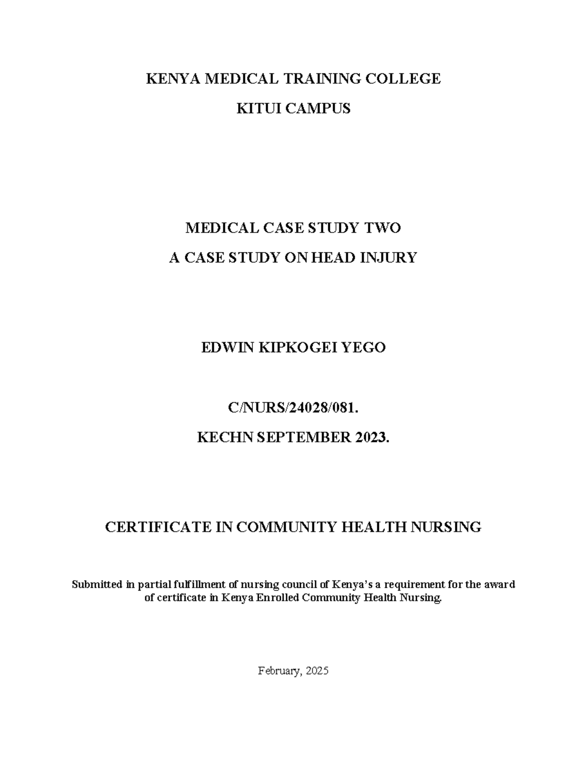 Certificate in Community Health Nursing: Case Study on Head Injury ...
