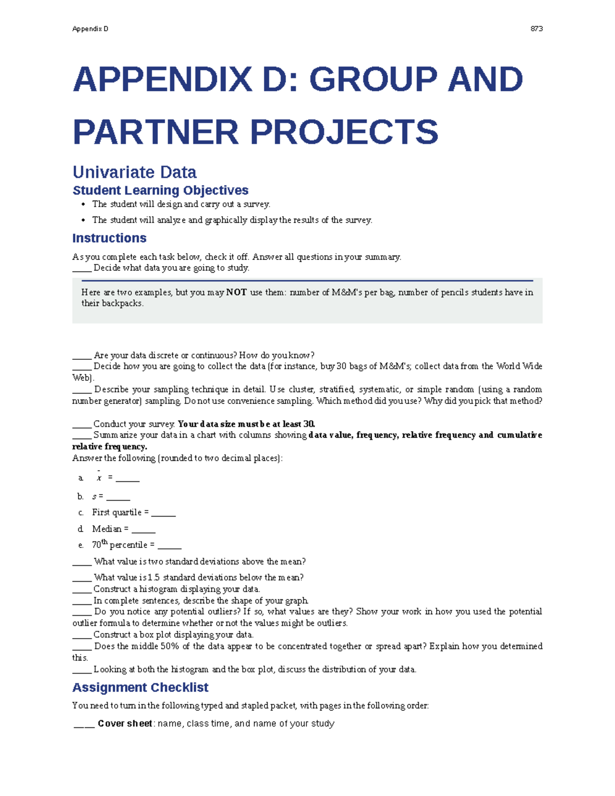 Appendix D: Group & Partner Projects for Introductory Statistics 441 ...