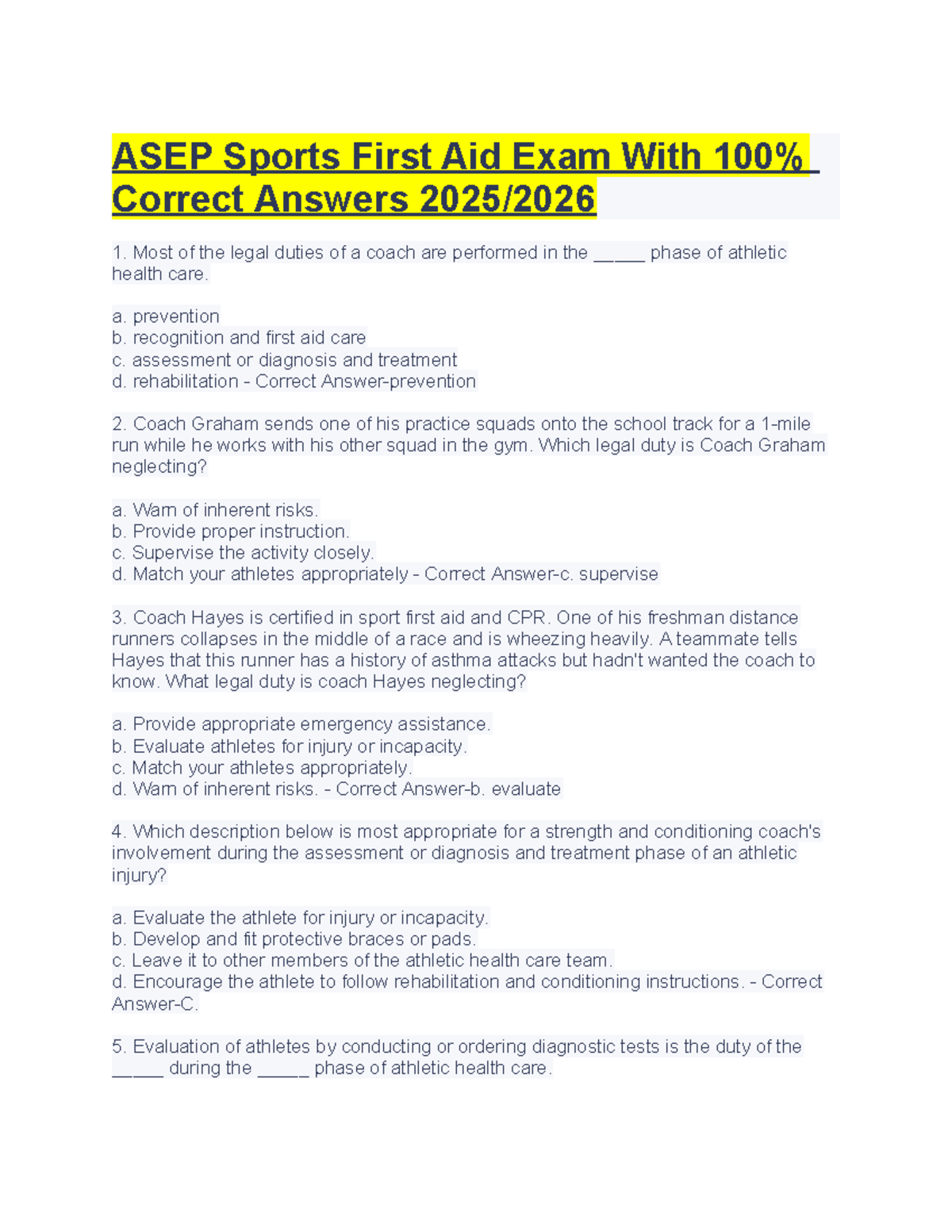 ASEP Sports First Aid Exam: Key Concepts and Correct Answers - Studocu