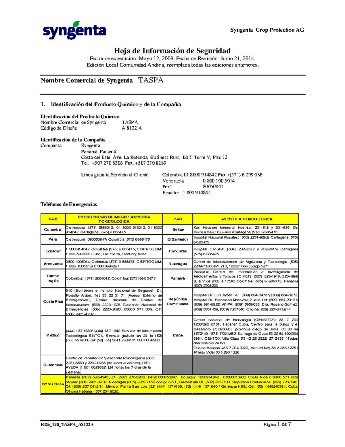 Hoja de Seguridad de Syngenta TASPA - HDS 138 (Revisión 2014) - Studocu