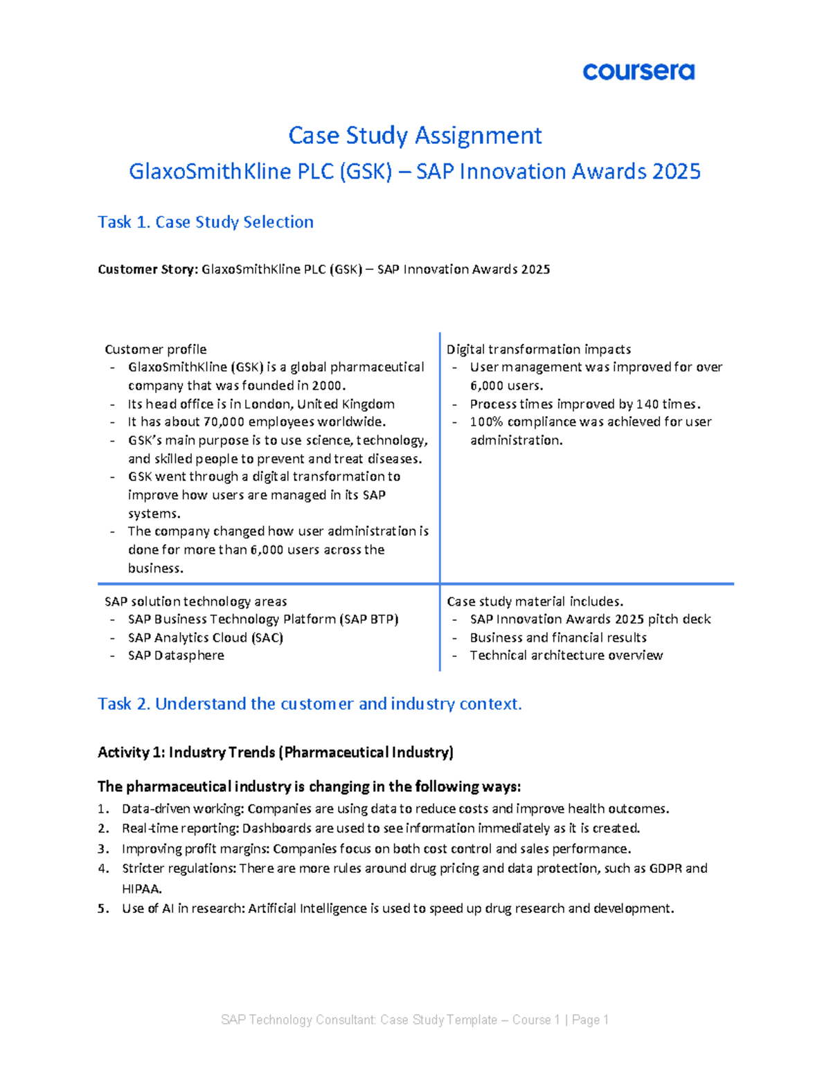 GSK SAP Innovation Awards 2025 Case Study Assignment JM - Studocu