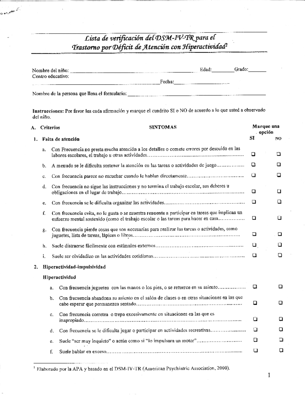 Lista de Verificación DSM-IV-TR para TDAH en Niños - Formulario - Studocu