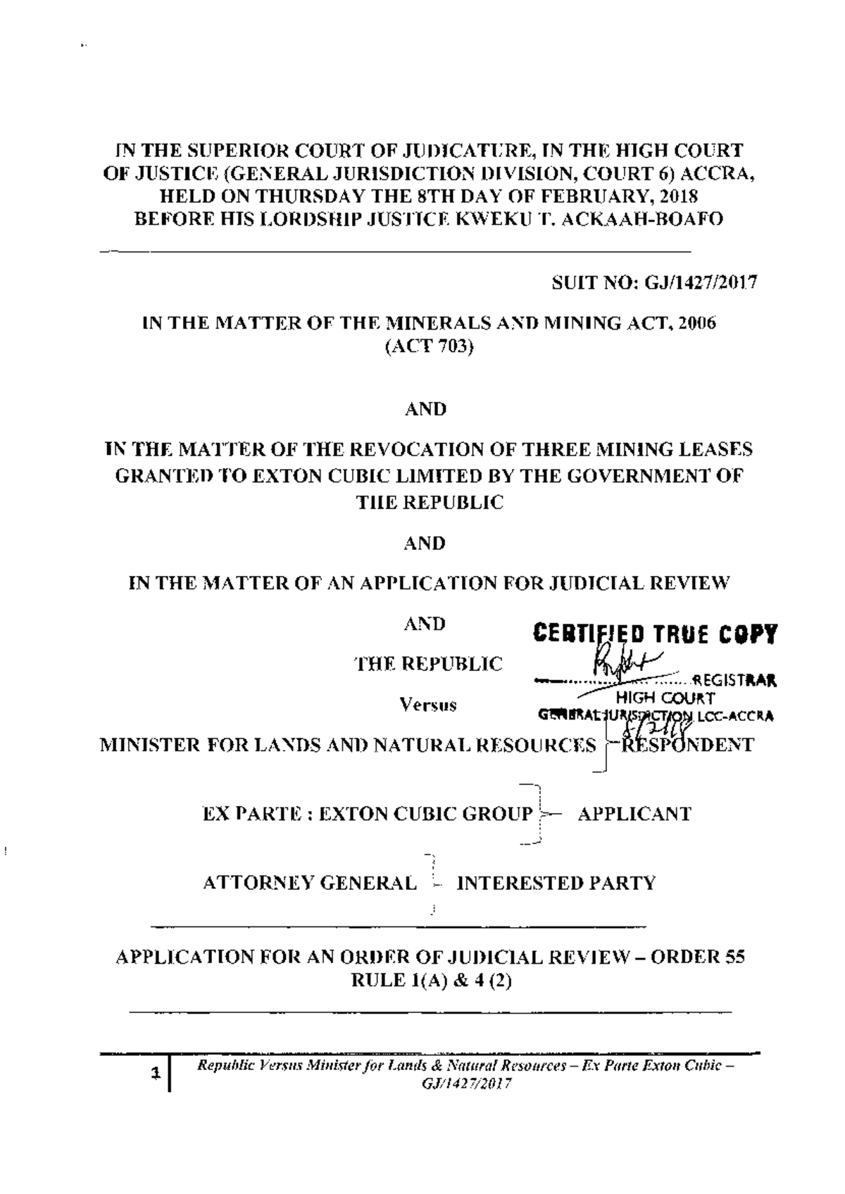 Ruling on Judicial Review Application: Exton Cubic Ltd vs. Minister for ...