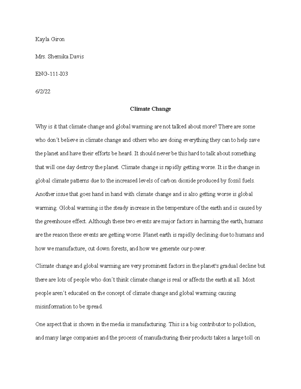 ENG-111-I Argument Paper: The Urgency of Addressing Climate Change ...