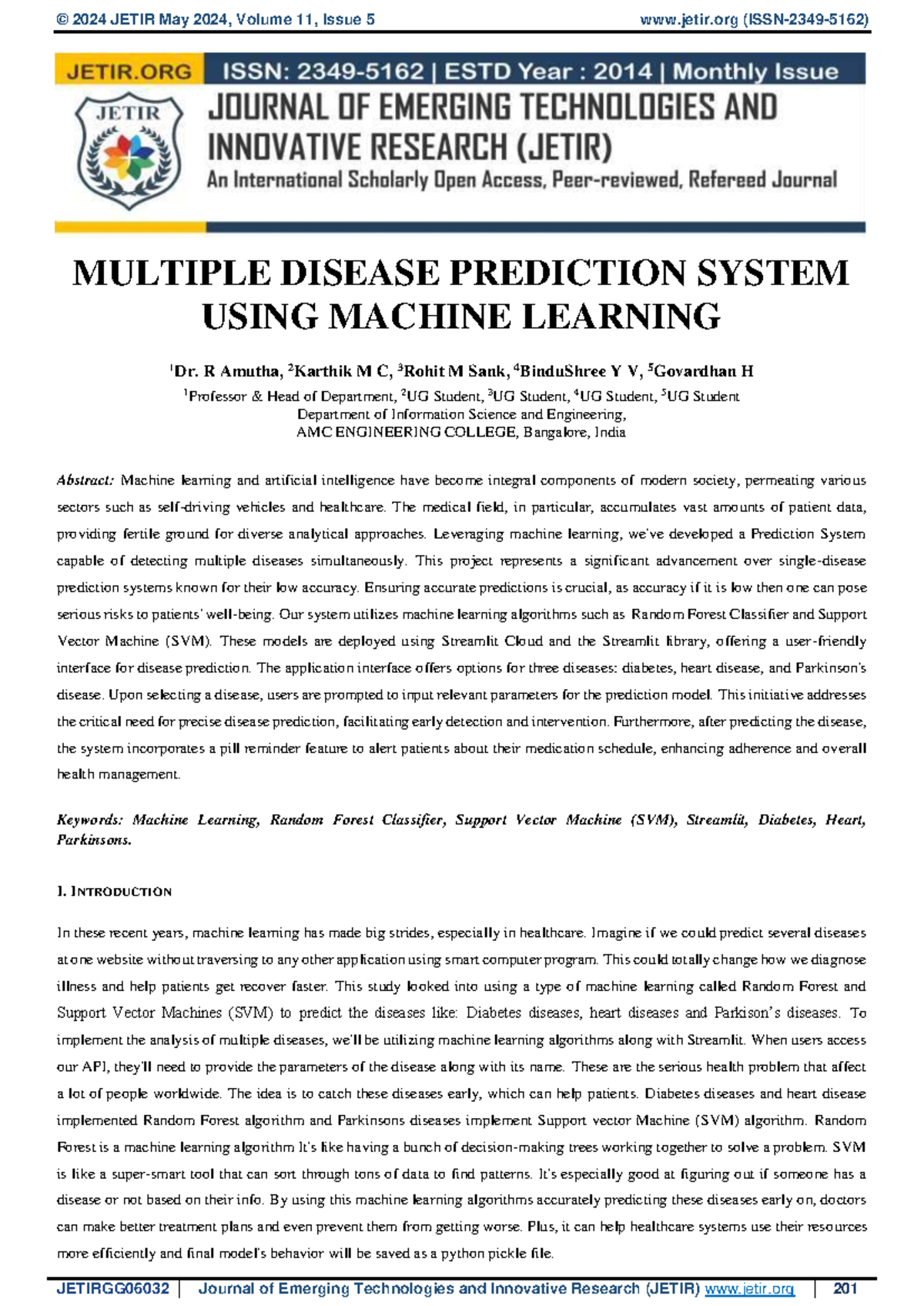 Multiple Disease Prediction System Using ML: JETIRGG06032 - Studocu
