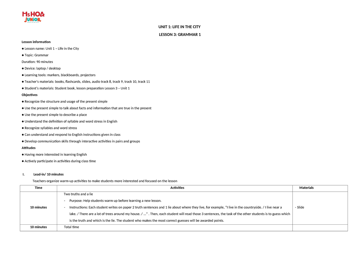 Unit 1: Life in the City - Lesson 3 Grammar Overview and Activities ...