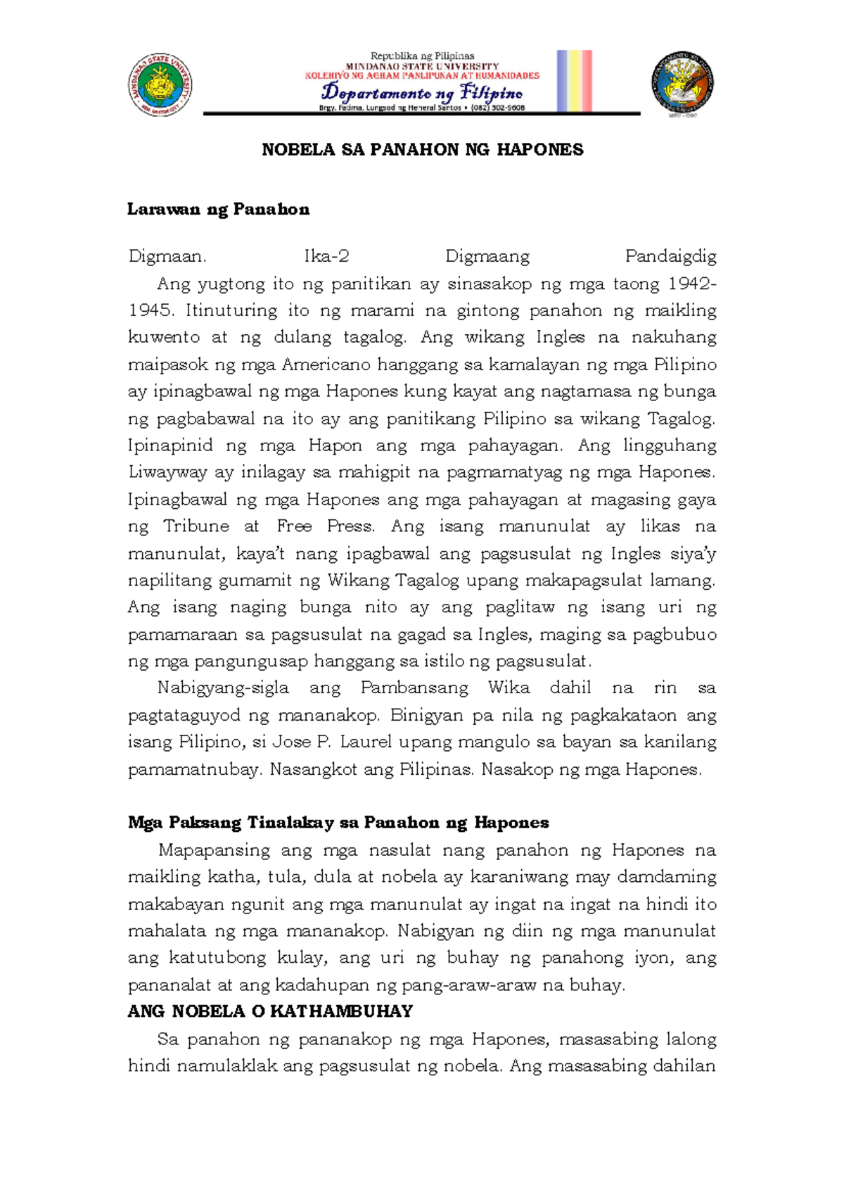Nobela sa Panahon ng Hapones (1942-1945): Pagsusuri at Suri - Studocu