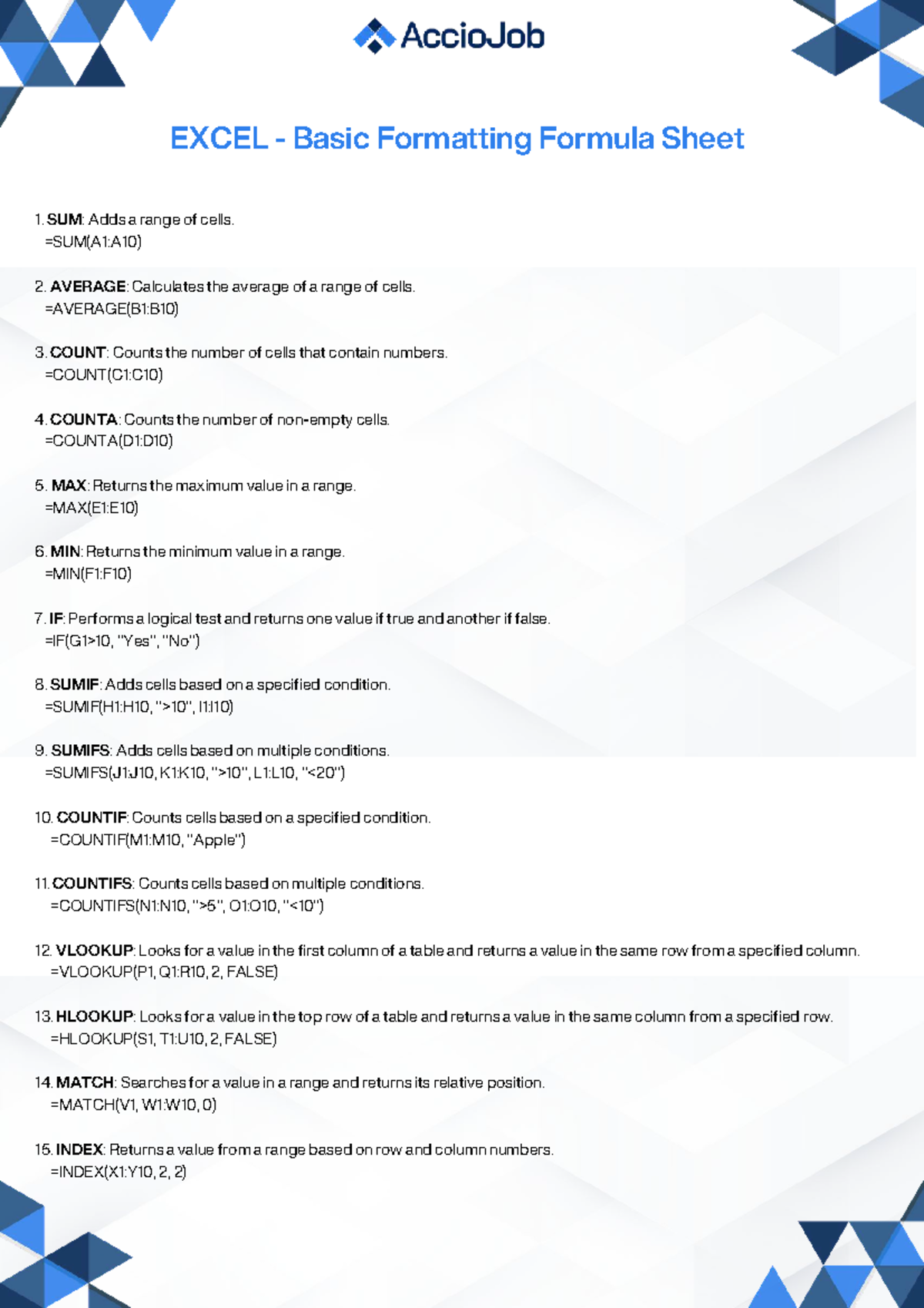 EXCEL Basic Formatting Formula Cheat Sheet - Studocu