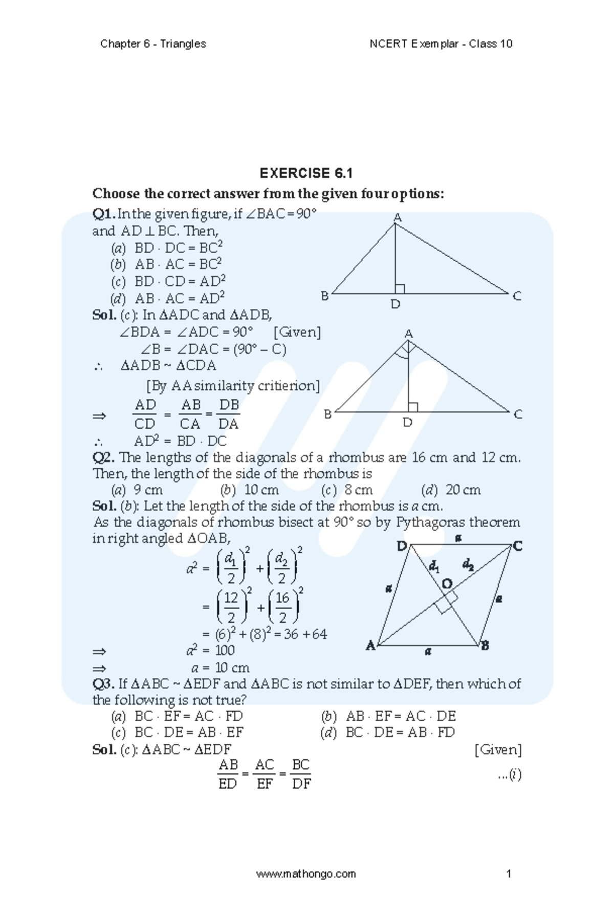 Ncert Exemplar Math Class 10 Chapter 6: Triangles Exercise Solutions ...