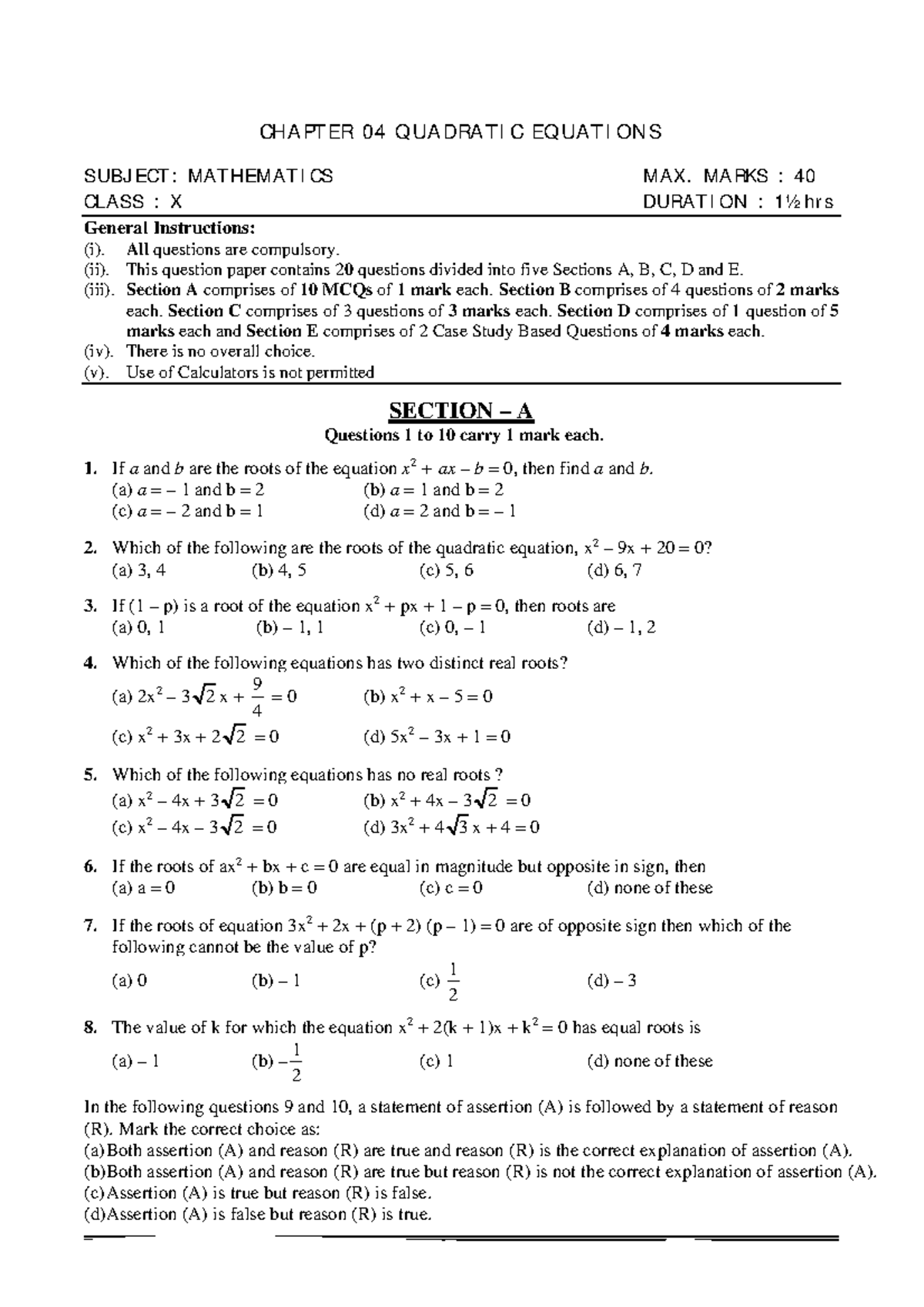 Maths Class X Practice Paper 04: Chapter 04 Quadratic Equations - Studocu