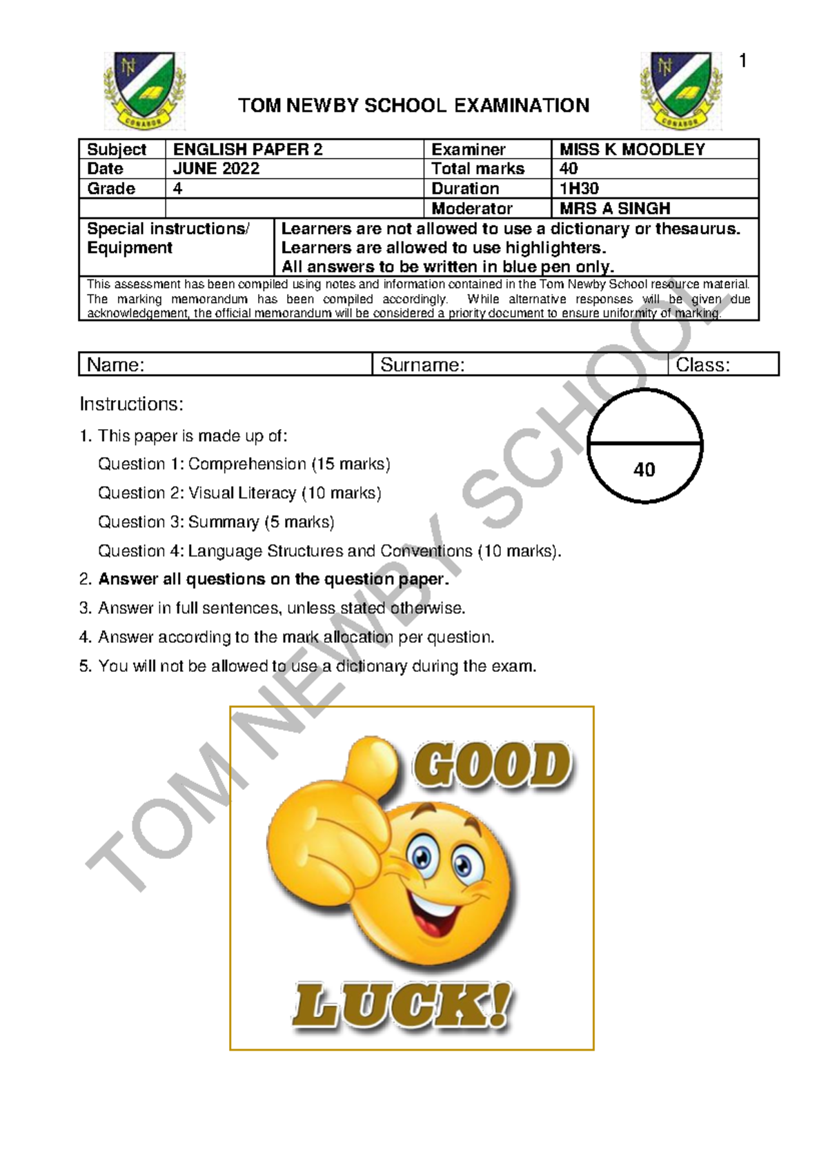 Grade 4 English Exam Paper 2 - June 2022 (Marks: 40) - Studocu