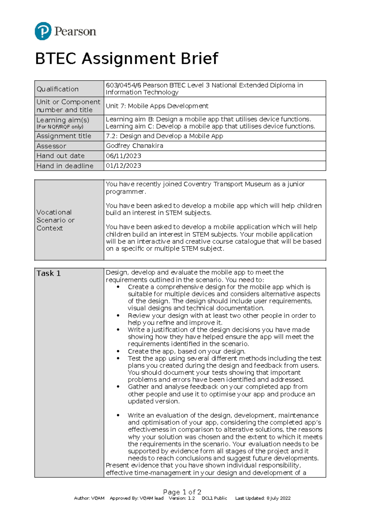BTEC Level 3 IT Unit 7 Assignment 7.2: Mobile App Design & Development ...