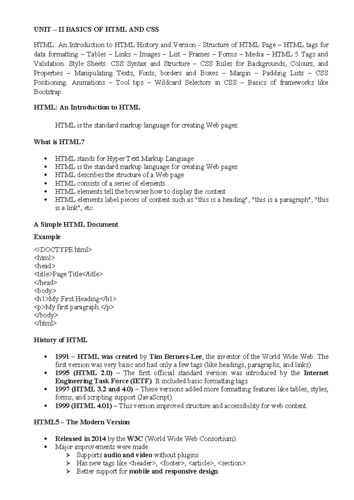 Web Development: Unit II - Basics of HTML & CSS (Web 101) - Studocu