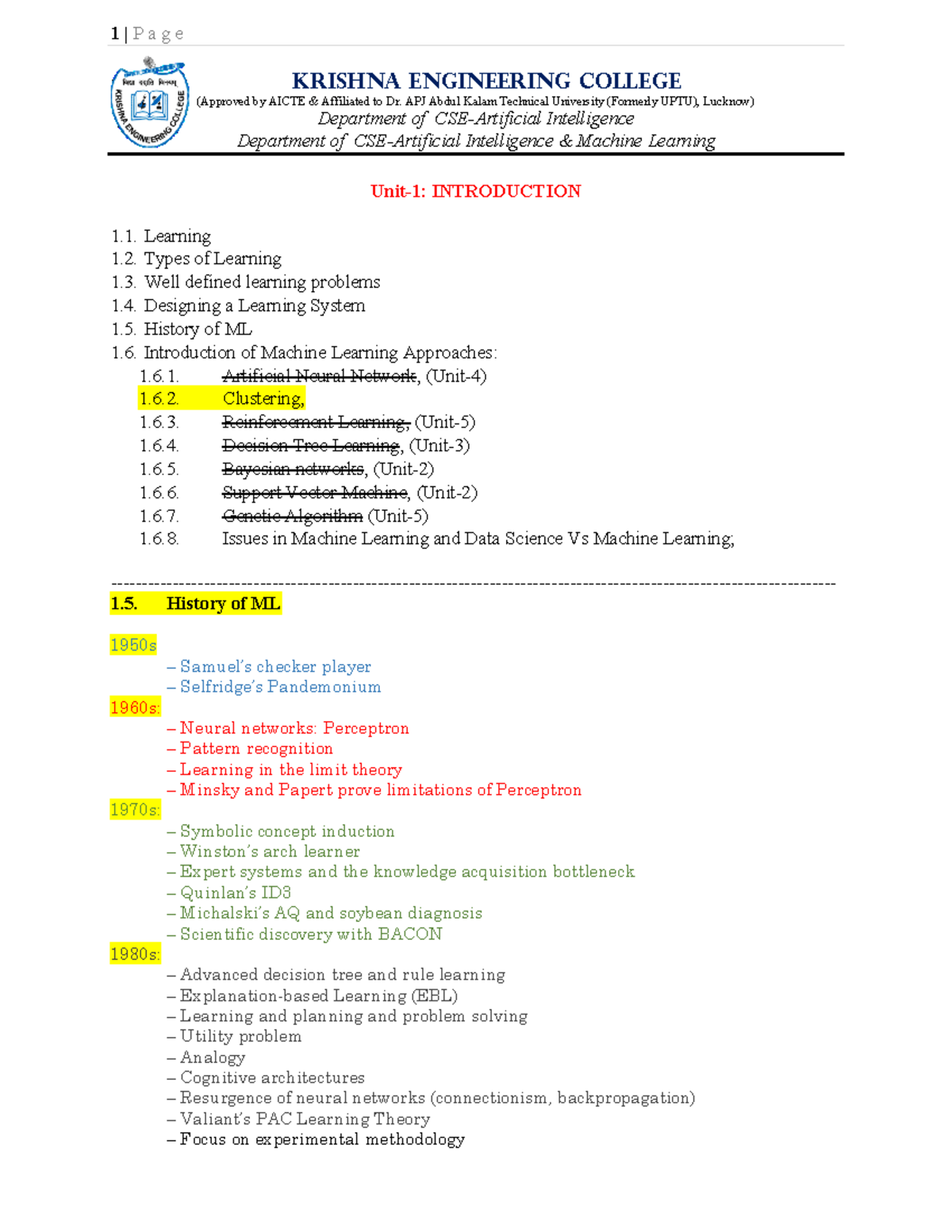 Machine Learning Notes-1 (ML History Overview & Key Concepts) - Studocu