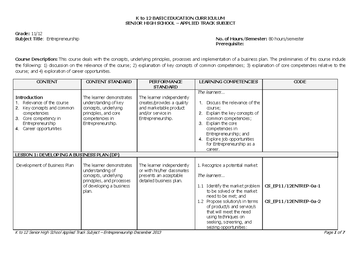 Senior High School-Applied Entrepreneurship-Curriculum Guide - SENIOR ...
