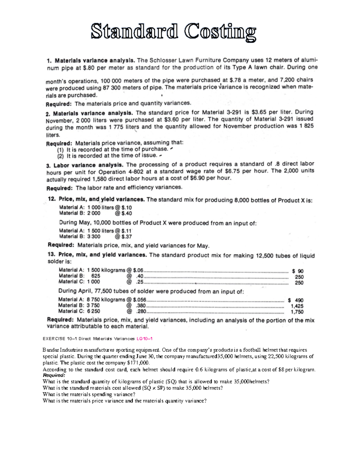 Standard Costing - Practice Questions with Variance Analysis - Studocu