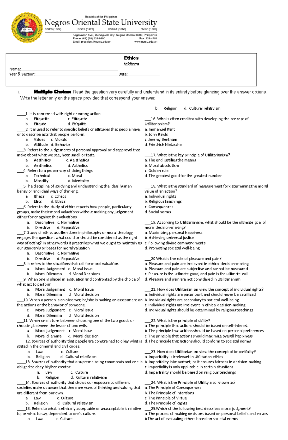 Ethics Midterm Exam - Question Examinations & Study Guide - Studocu