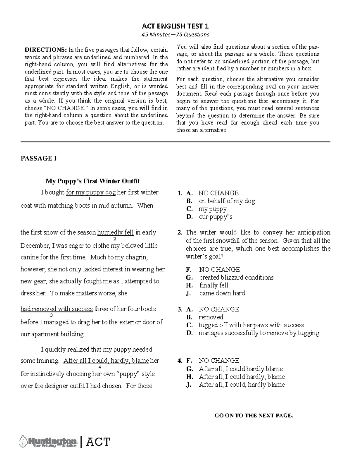 ACT English Test 1: Complete Practice Questions and Passages - Studocu
