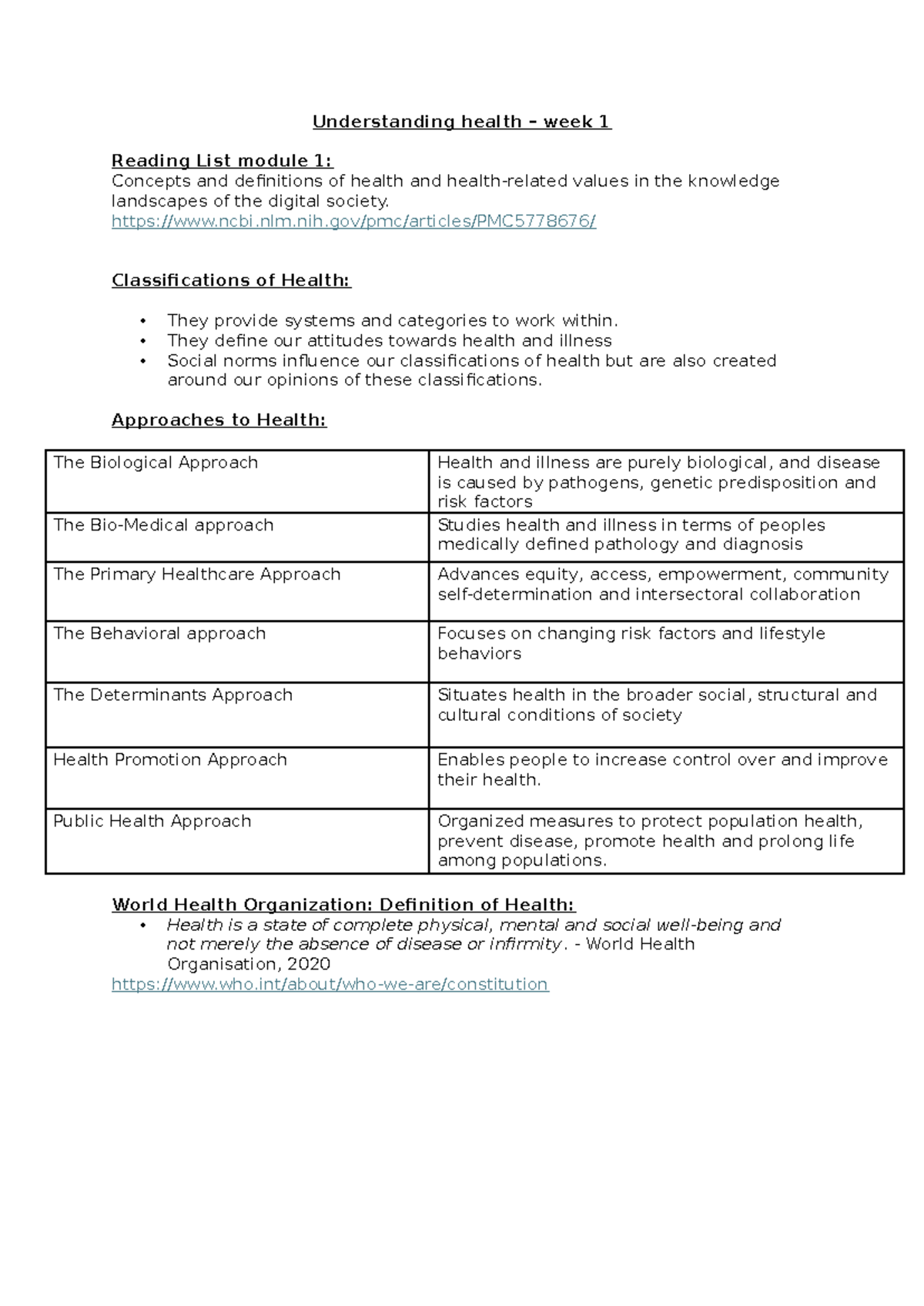 Understanding health - week 1 - Understanding health – week 1 Reading ...