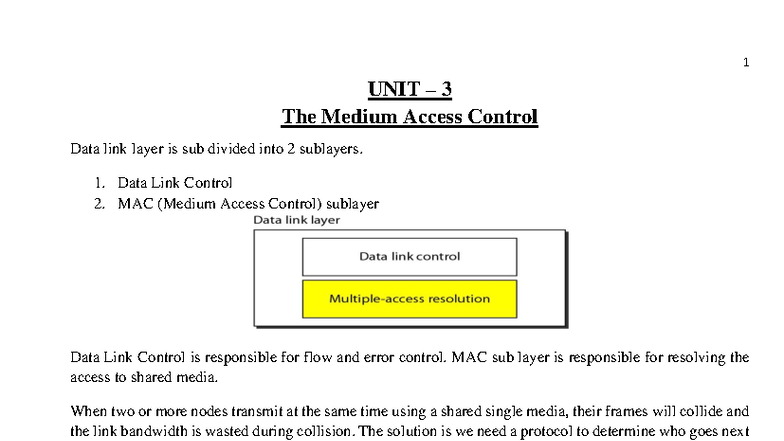 UNIT 3: Medium Access Control in Data Link Layer Overview - Studocu