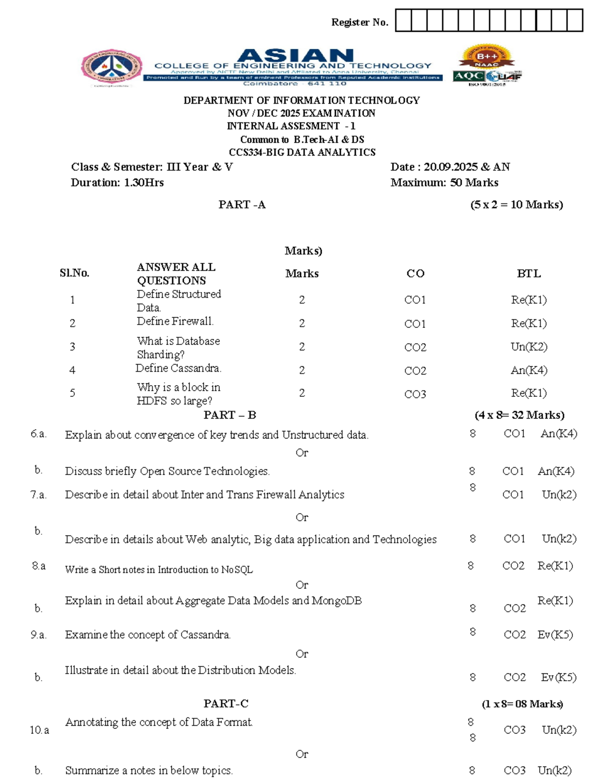 CCS334 BDA - Internal Assessment 1: Data Analytics Exam 2025 - Studocu