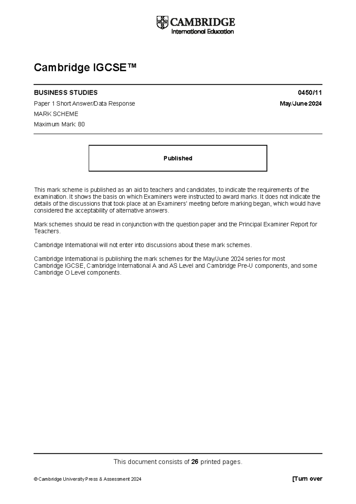 Cambridge IGCSE BUSINESS STUDIES 2024 Paper 1 Mark Scheme - Studocu