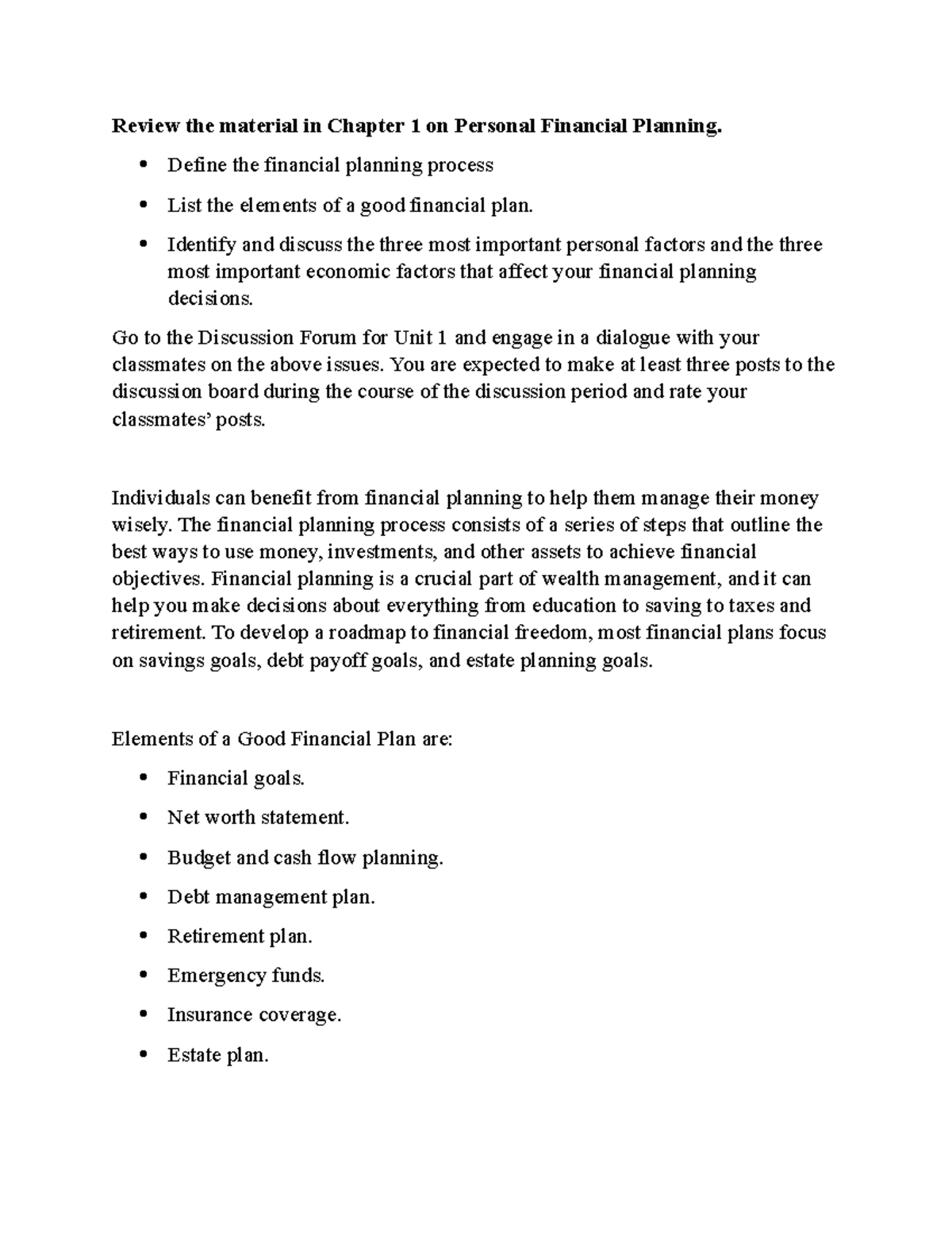 Unit 1 Discussion Assignment: Key Factors in Financial Planning - Studocu