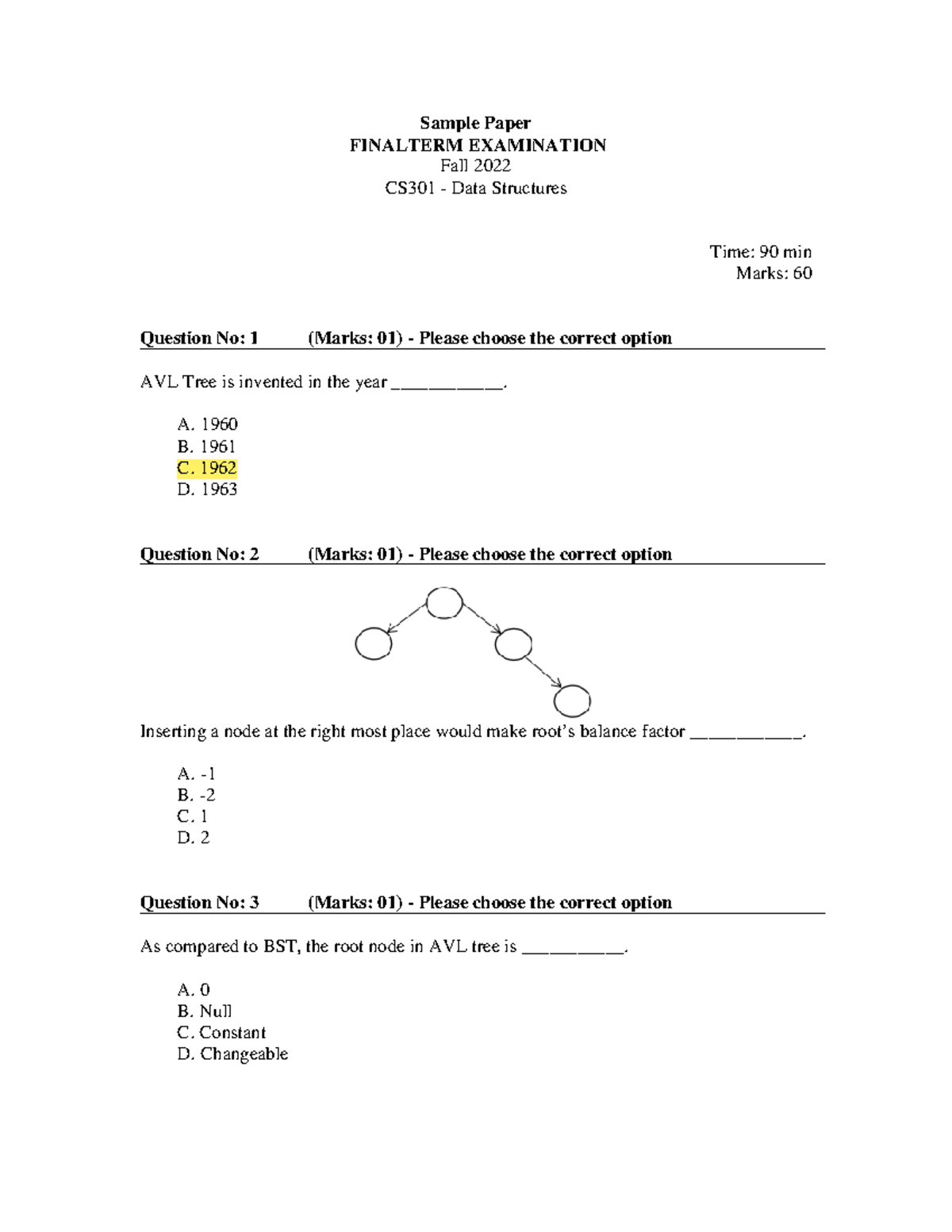 Cs301 Sample Paper Final Term Fall 2022 Sample Paper Finalterm