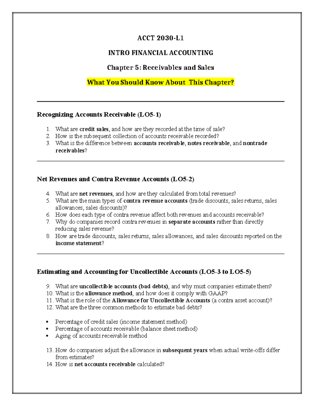 ACCT 2030-L1: Chapter 5 - Overview of Receivables and Sales - Studocu