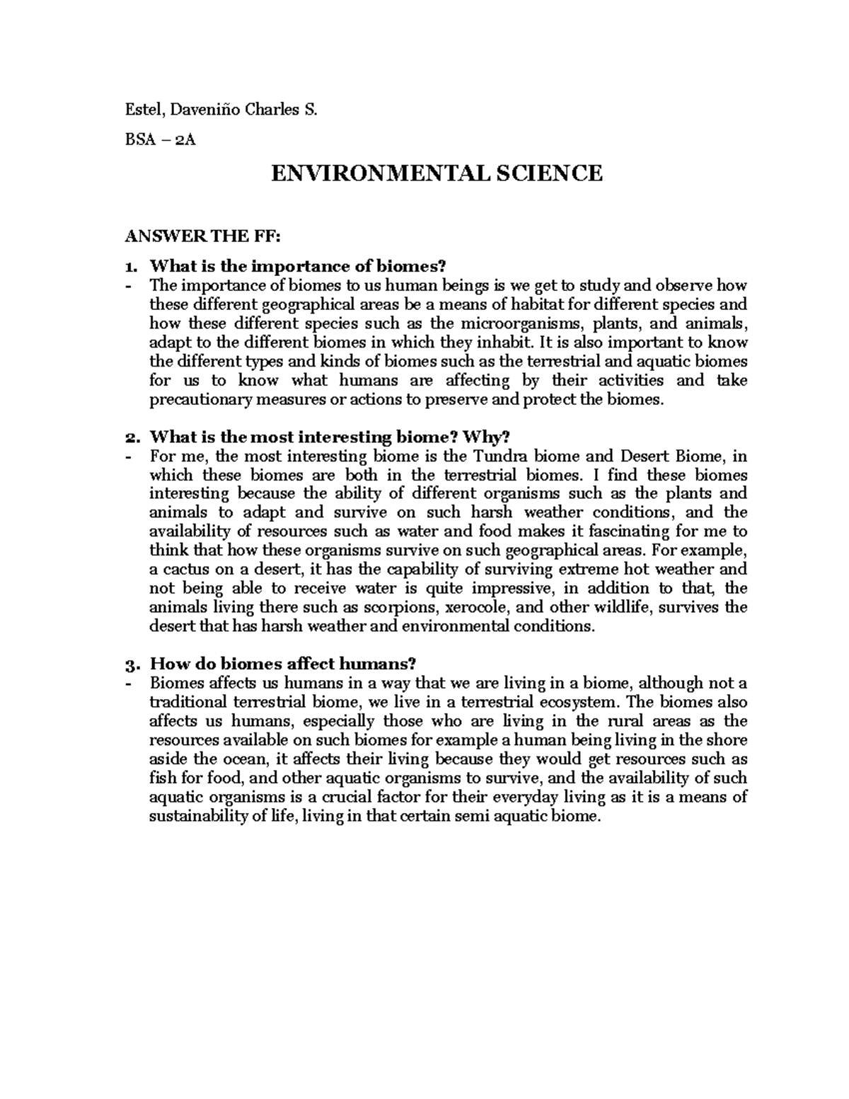 BSA 2A Environmental Science: Understanding Biomes and Their Impact ...