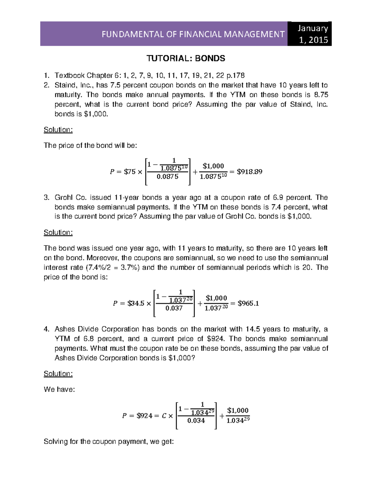 FM - Tutorial on Bonds Pricing Solutions and Calculations - Studocu