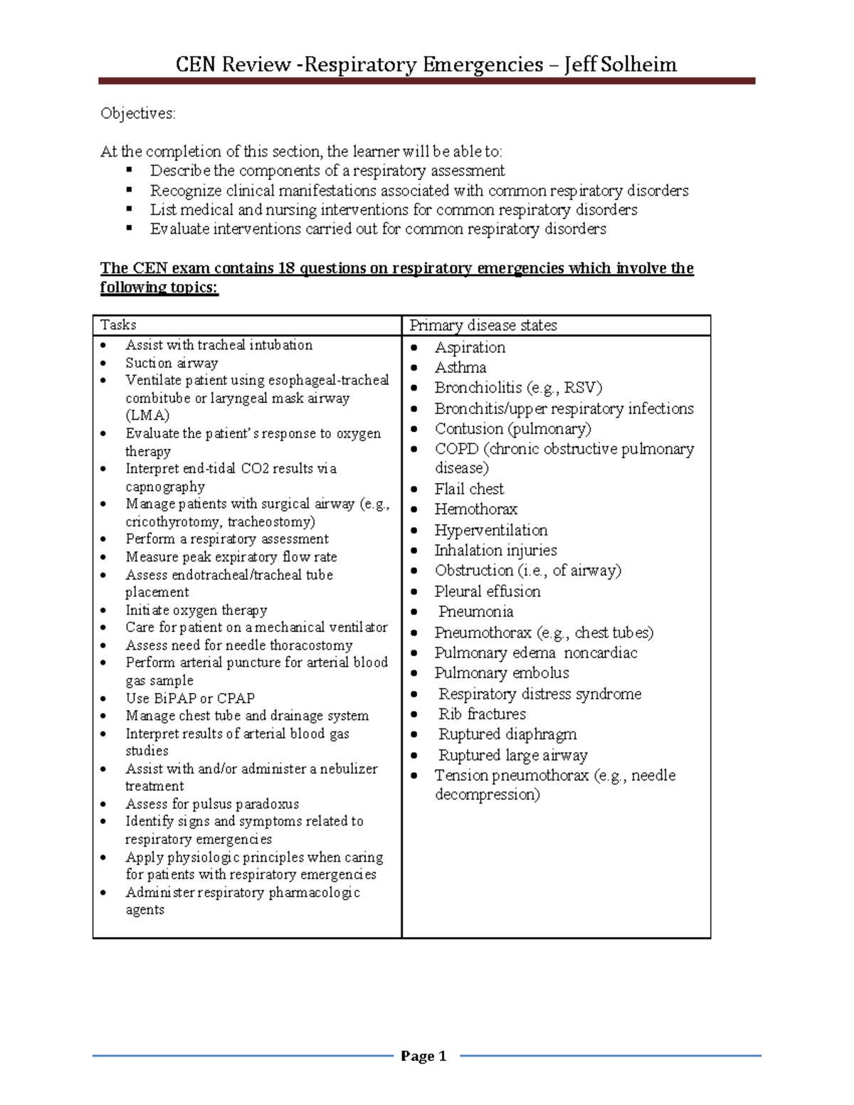 CEN Respiratory Emergencies Study Guide by Jeff Solheim - Studocu