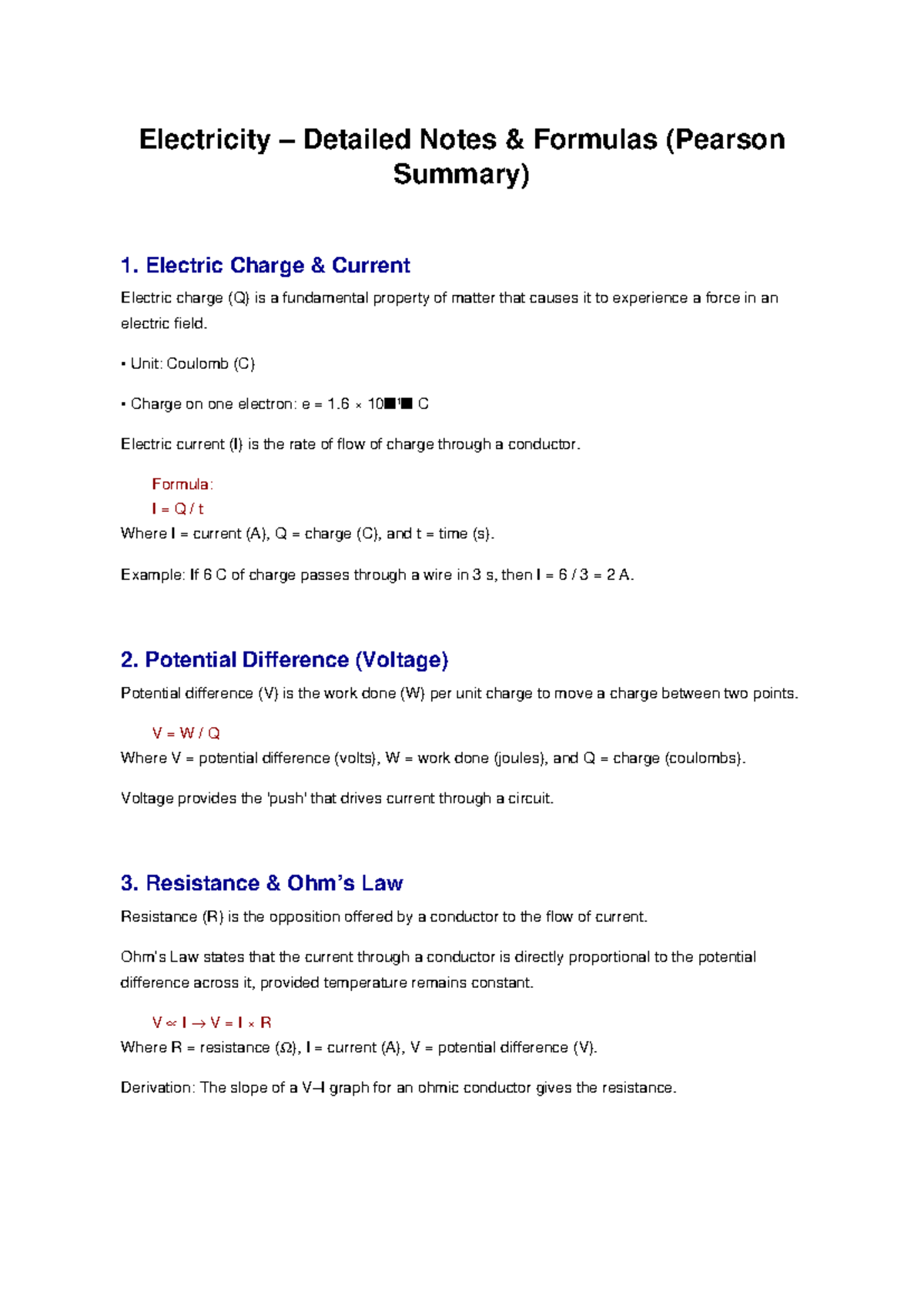 Physics - Electricity Detailed Notes & Formulas (Summary) - Studocu
