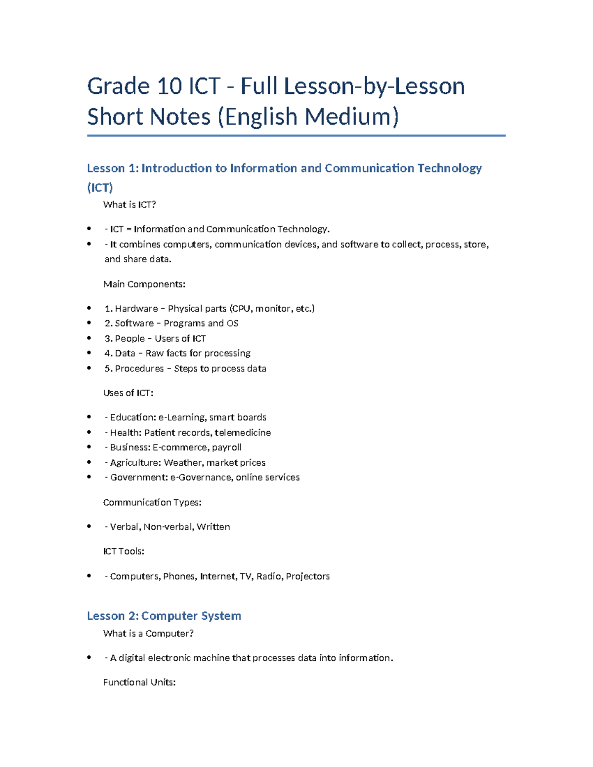 Grade 10 ICT All Lessons Concise Notes for Easy Revision - Studocu