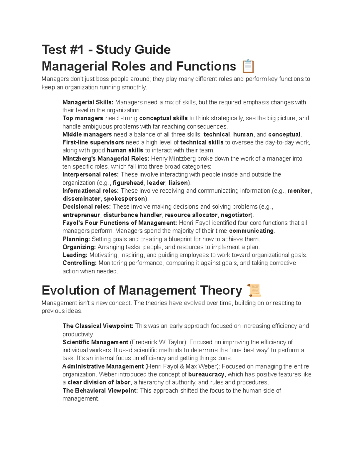Managerial Roles and Functions: Study Guide for Test #1 - Studocu