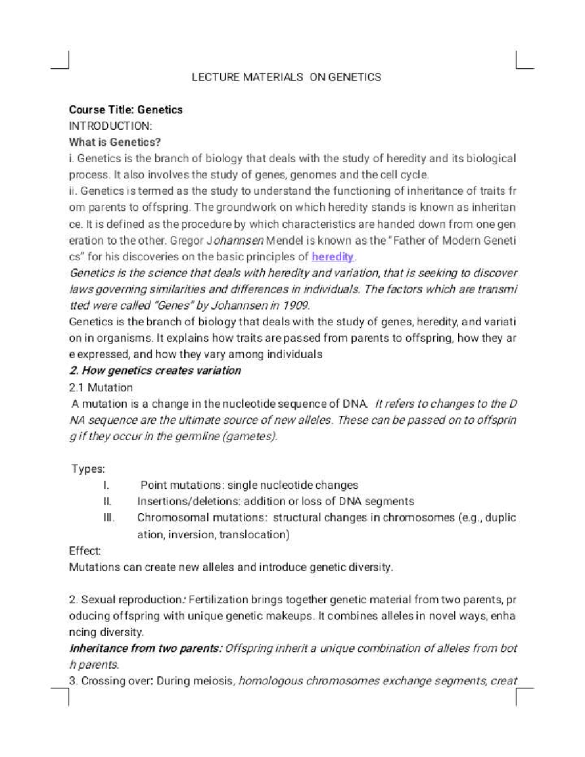Genetics II 301 Lecture Materials: Understanding Heredity and Variation ...