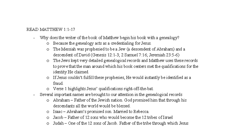 Matthew 1: Genealogy and Betrothal Insights in the Gospel - Studocu