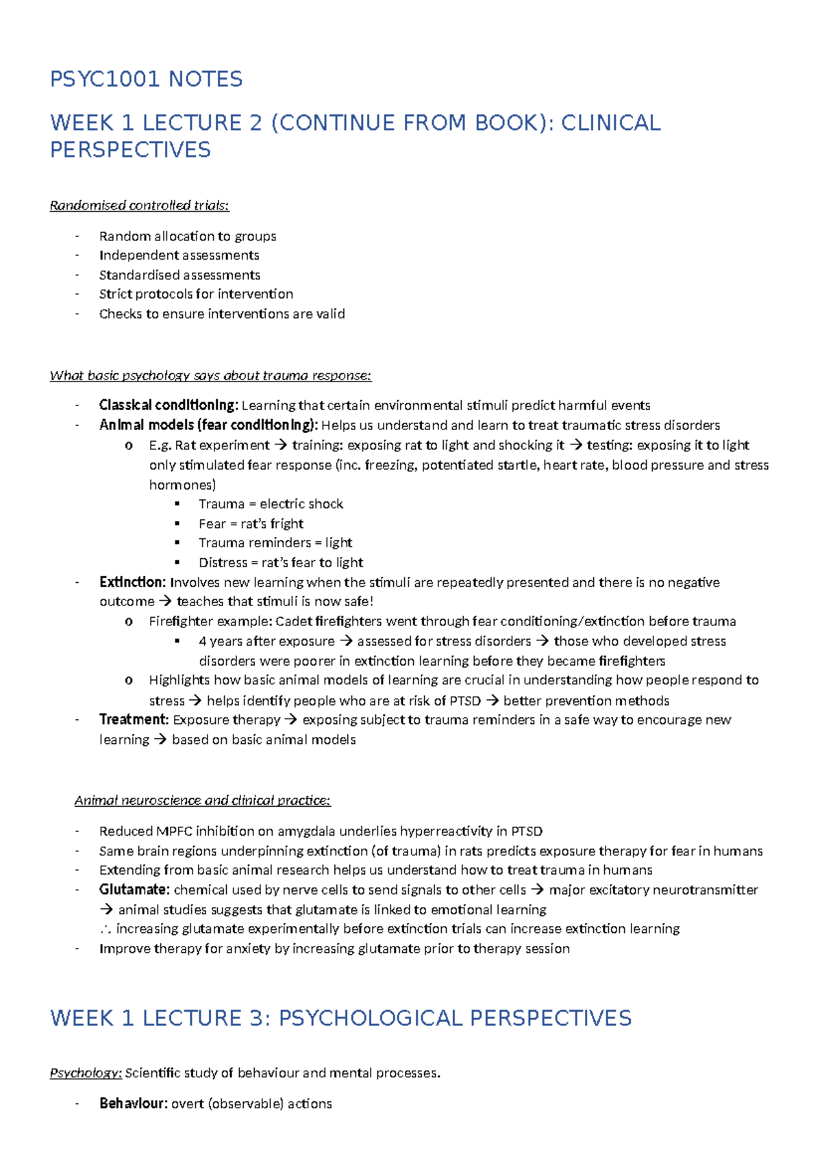 PSYC1001 Notes.docx - PSYC1001 NOTES WEEK 1 LECTURE 2 (CONTINUE FROM ...