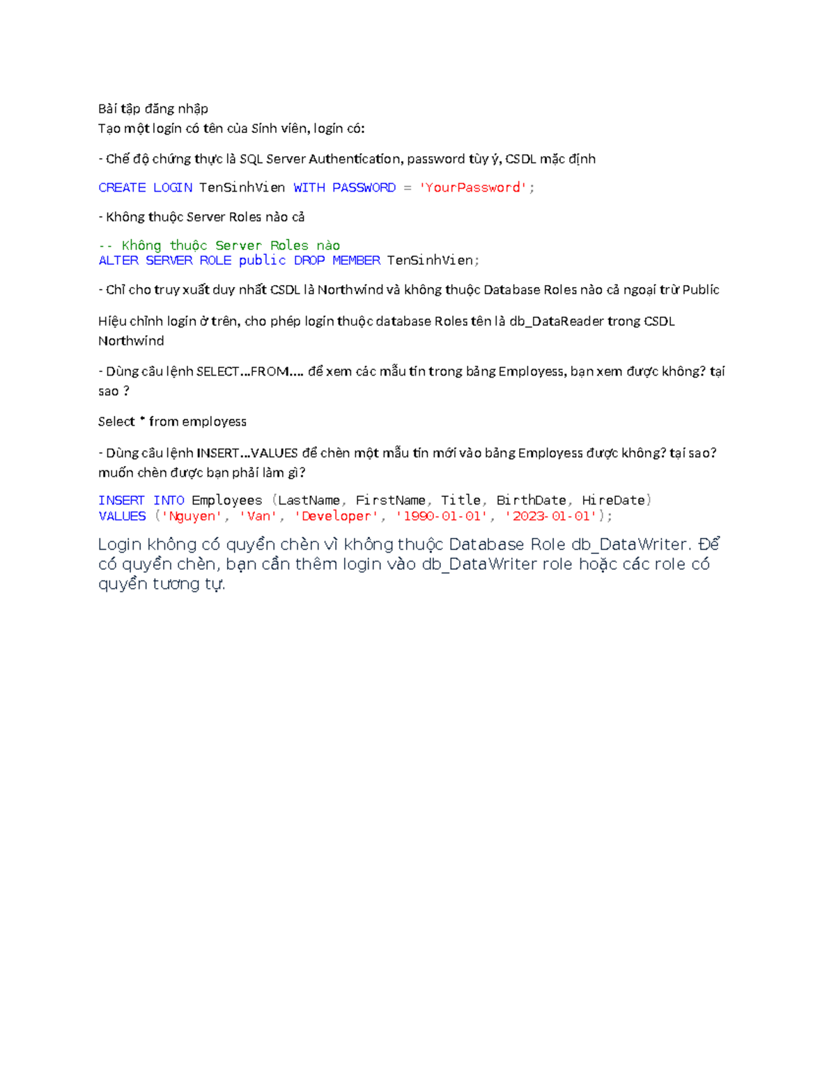 Bài tập đăng nhập SQL Server Authentication và Quyền CSDL - Studocu