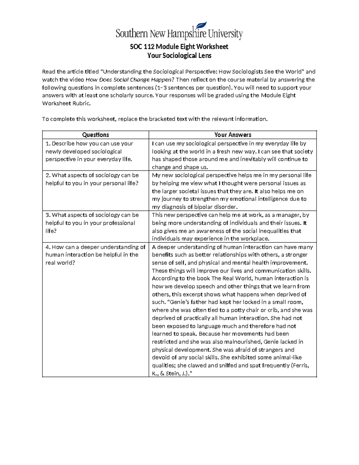 SOC 112 Module 8: Exploring the Sociological Perspective Worksheet ...
