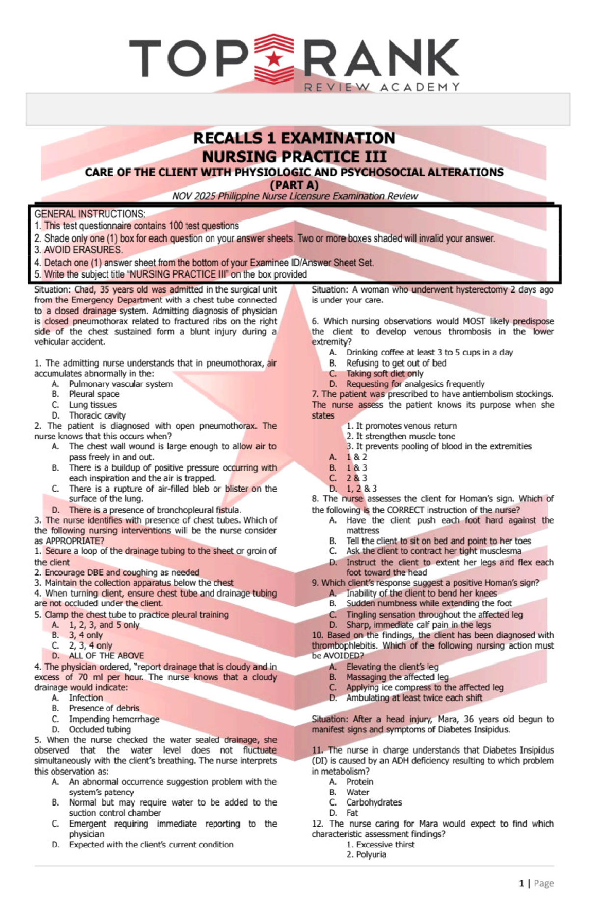 TOP RANK REVIEW ACADEMY NURSING PRACTICE RECALLS 1 EXAMINATION (PART A ...