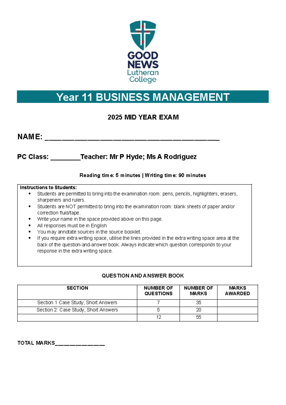 Year 11 BUSINESS MANAGEMENT 2025 MID YEAR EXAM - Case Studies ...