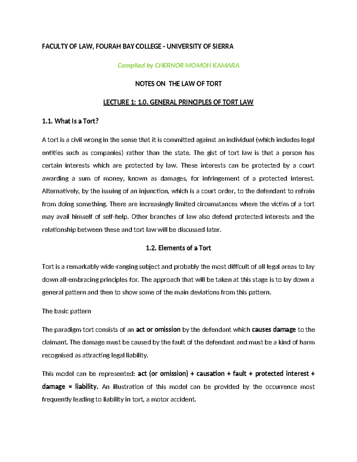 LAW OF TORT (LAW 101) Lecture Notes: General Principles and Key ...