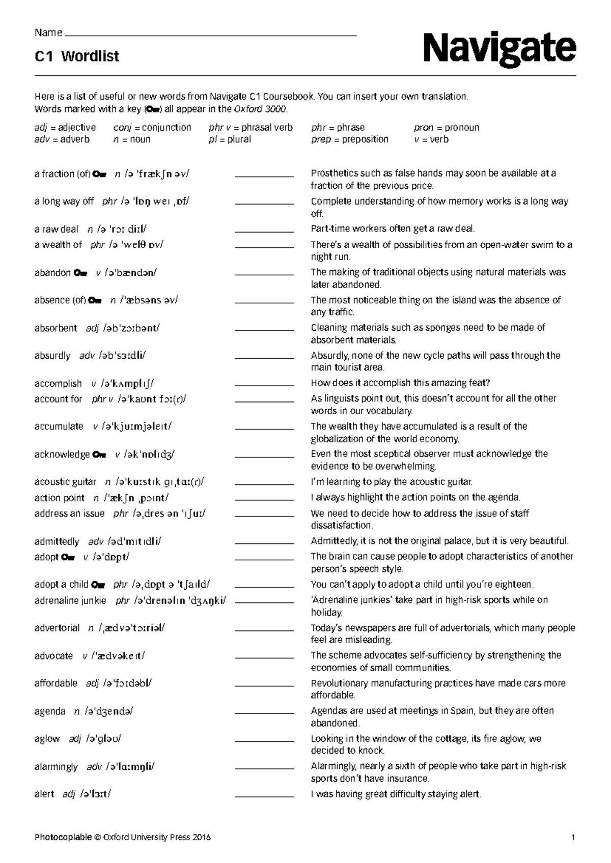 C1 English Word List: Vocabulary from Navigate Coursebook - Studocu