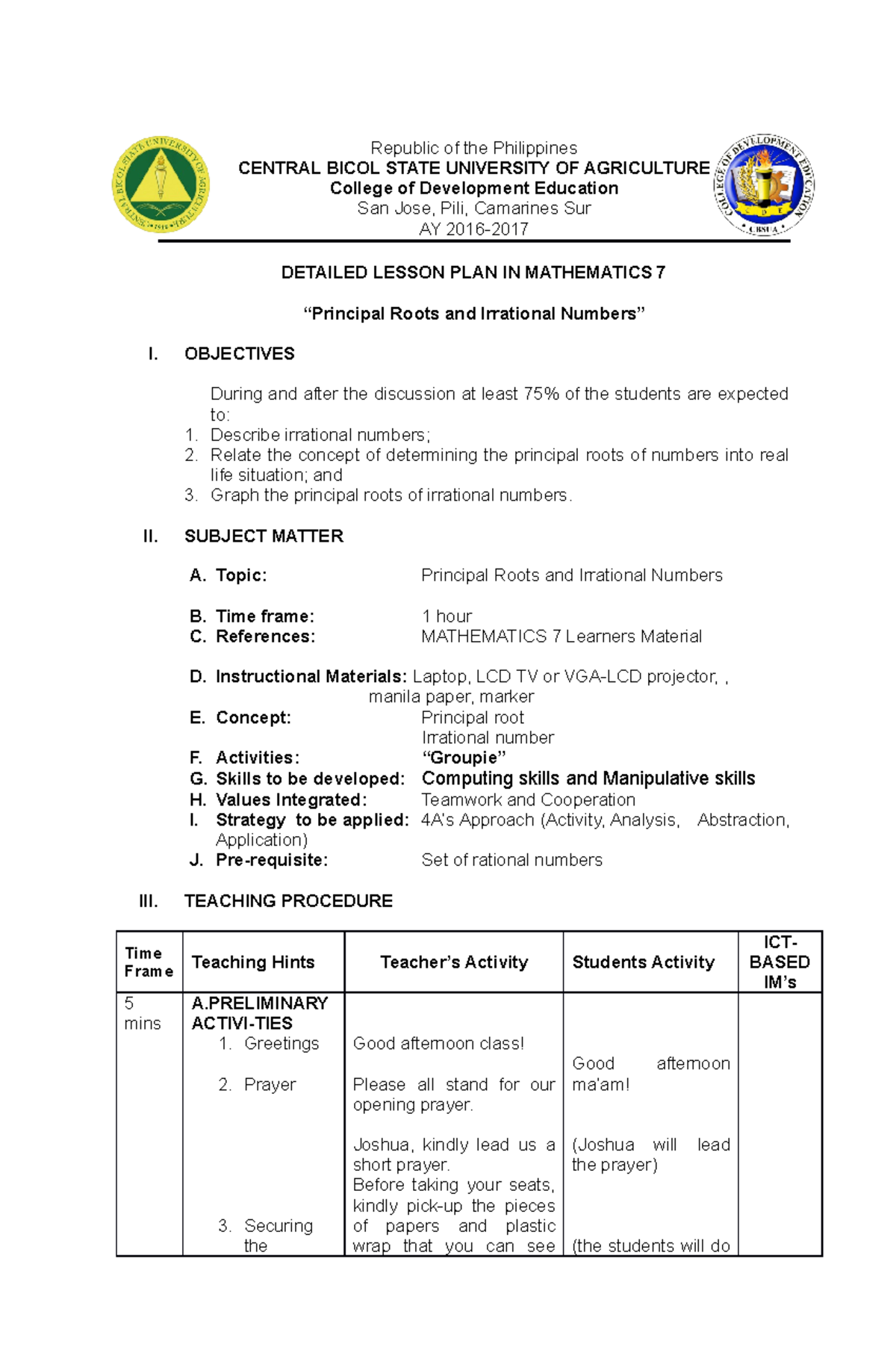 Lesson 10: Principal Roots & Irrational Numbers (Math 7 Detailed Plan ...