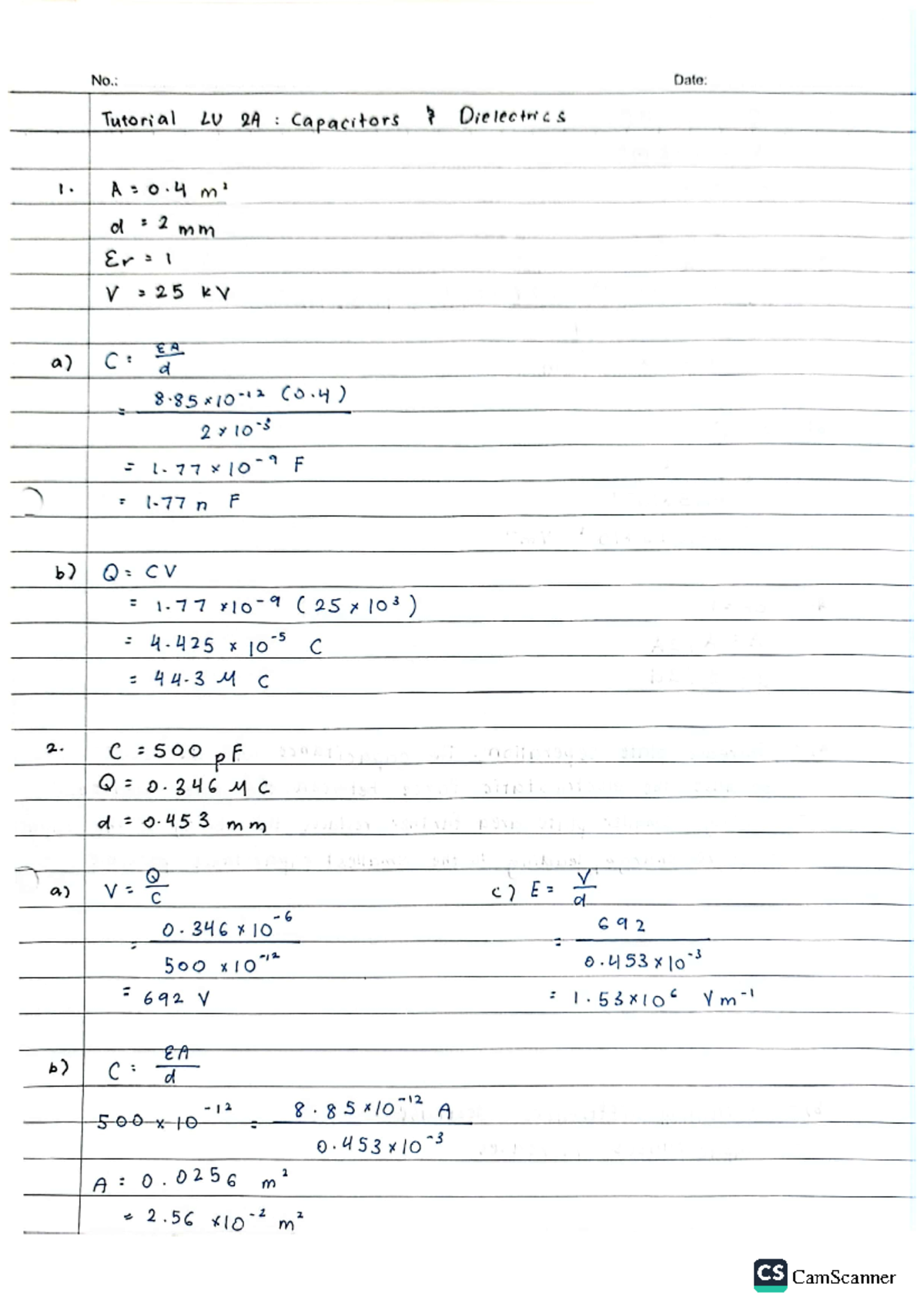 Tutorial LU2A - physics lu2 - No.: Date: Tutorial LV 2A : Capacitors ...